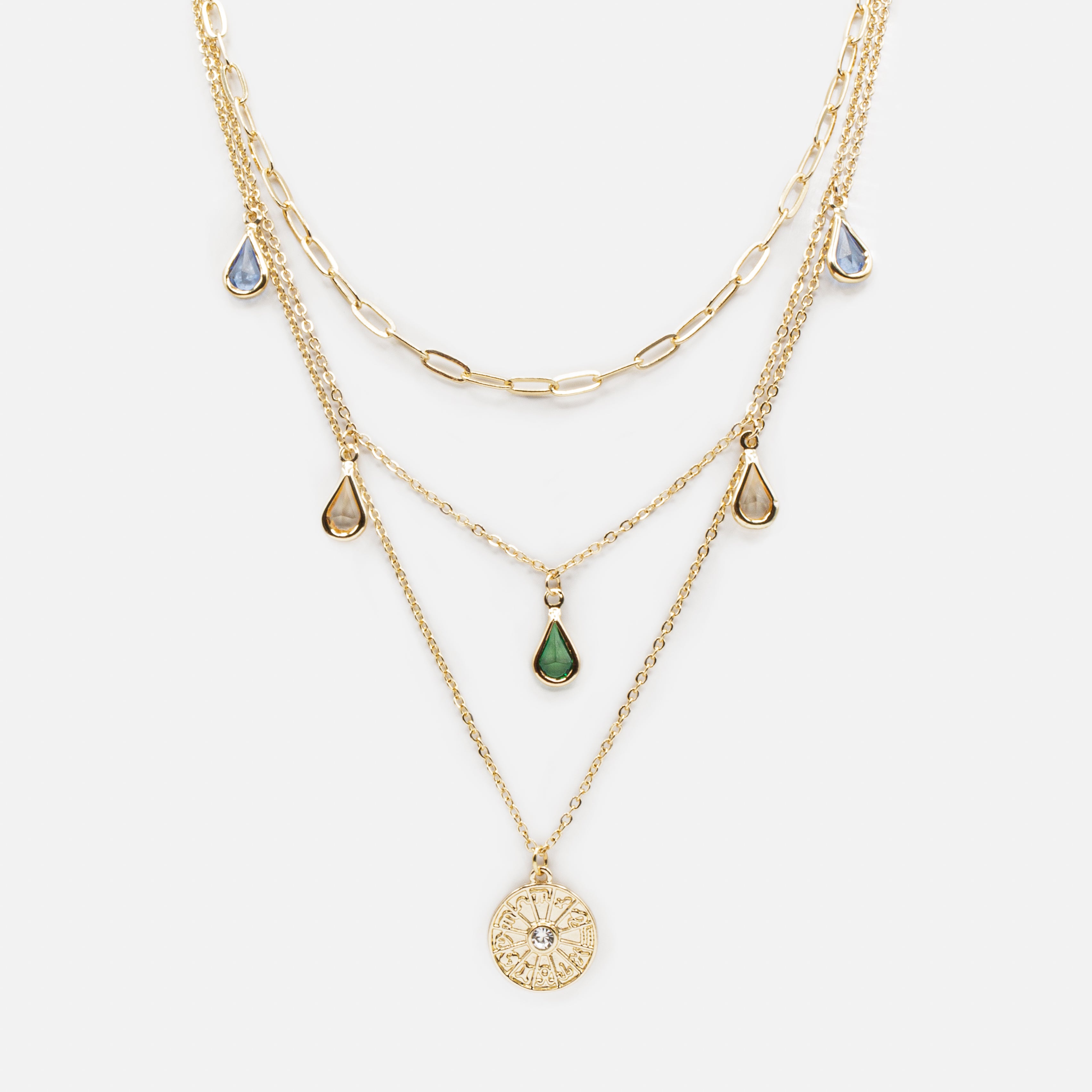 Triple golden chain necklace with colorful stone and disc charms with ...