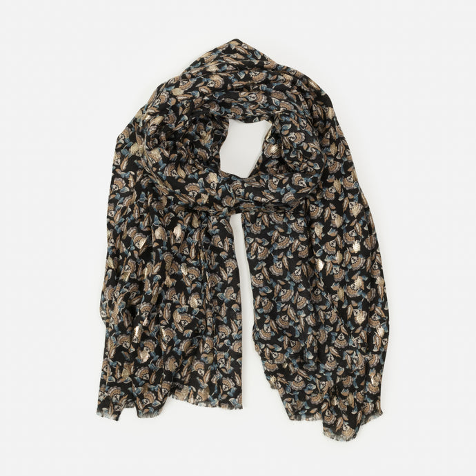 Lightweight navy and beige floral print scarf with gold accents | Bizou ...