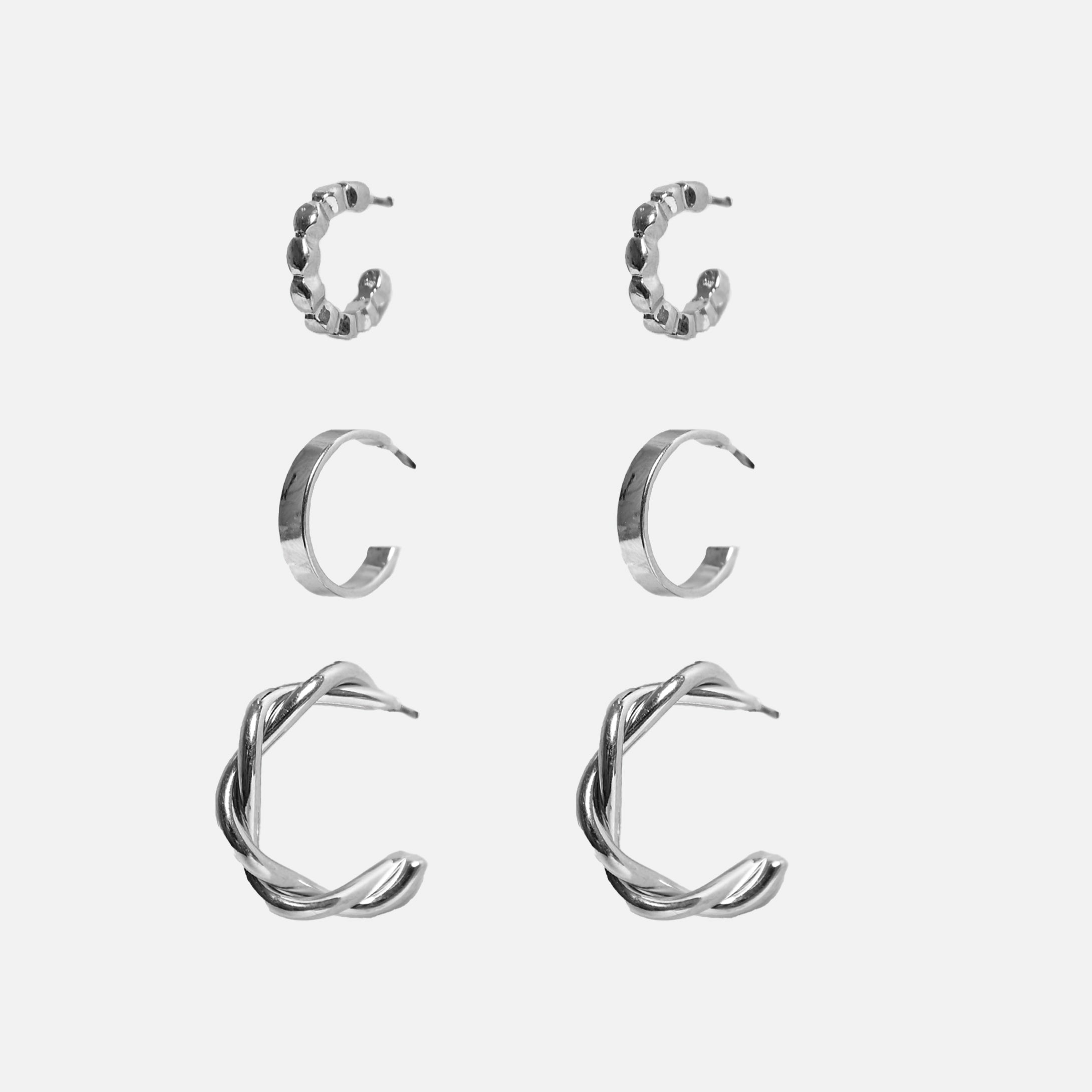 Trio of silvered different hoop earrings – Bizou